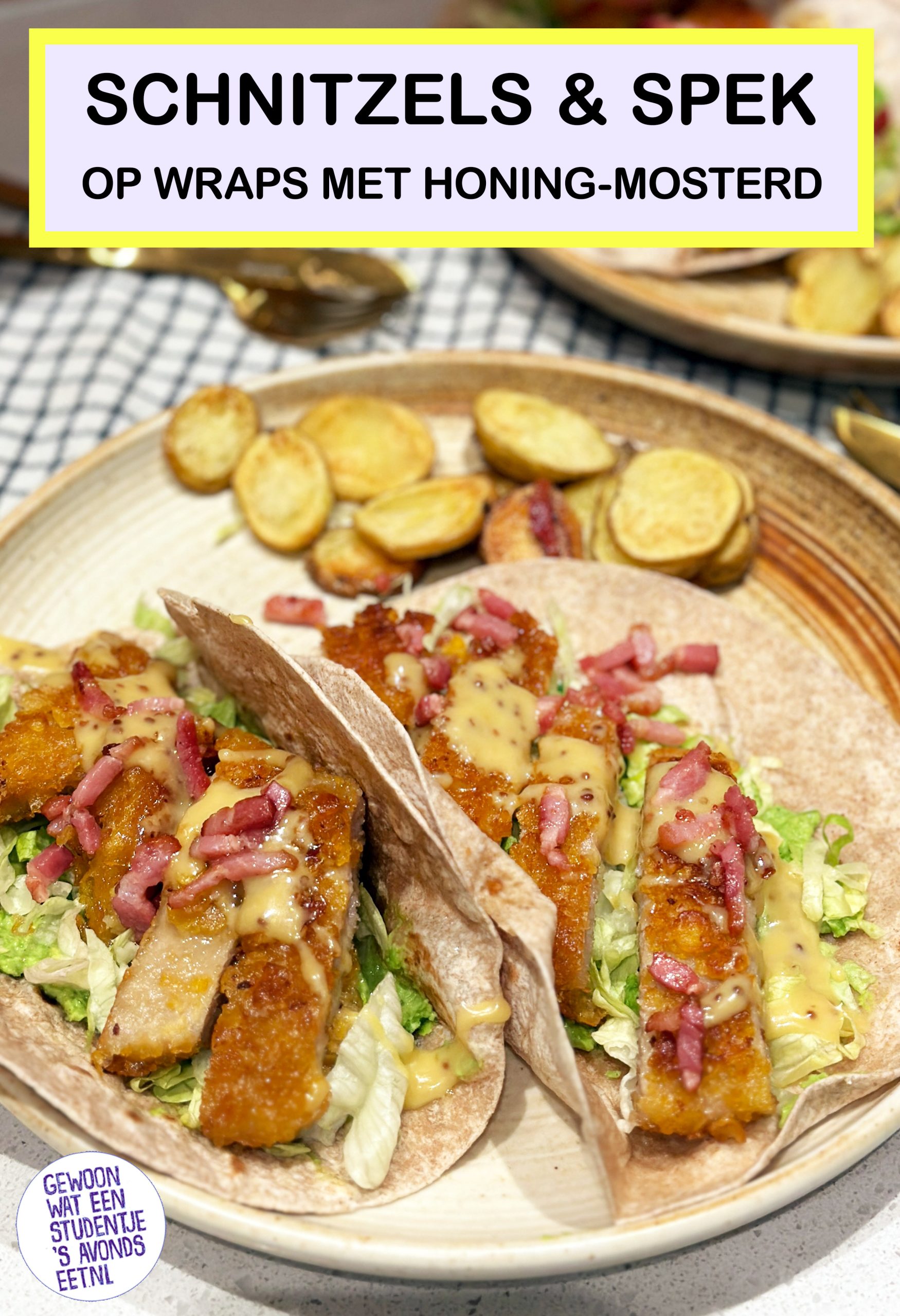 Wraps met kipschnitzel, spekjes en honing-mosterddressing